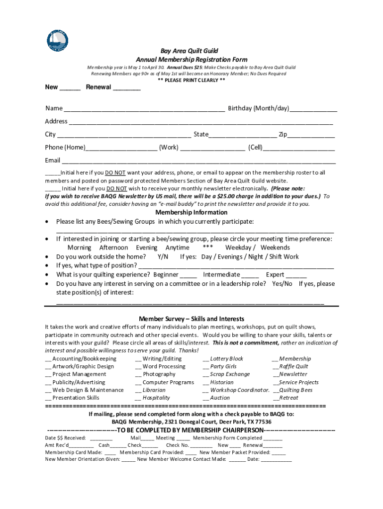 Fillable Online Bay Area Quilt Guild Annual Membership Registration ...