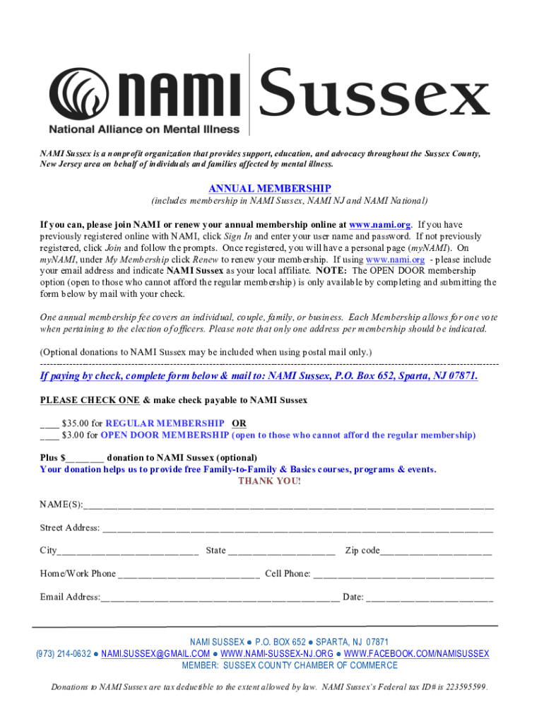 Fillable Online NAMI Sussex membership form Oct16 Fax Email Print ...