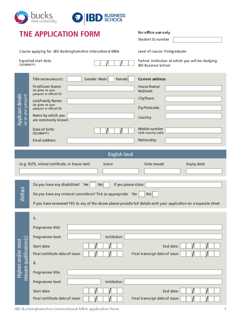 Fillable Online TNE ApplicATioN Form - IBD Business School Fax Email ...