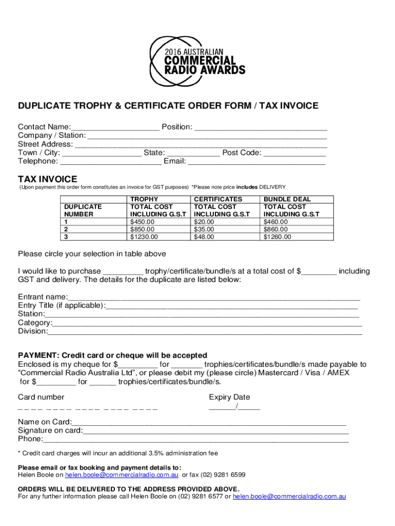 Fillable Online DUPLICATE TROPHY & CERTIFICATE ORDER FORM/ TAX INVOICE ...
