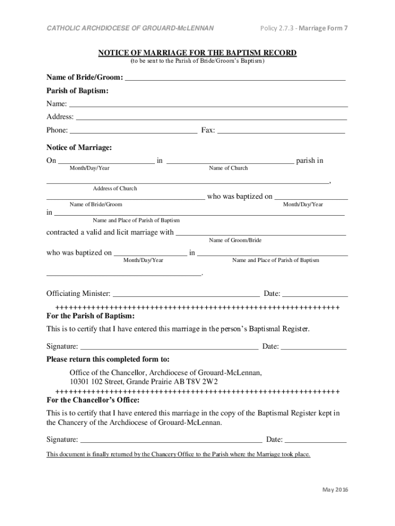 Fillable Online NOTICE OF MARRIAGE FOR THE BAPTISM RECORD to ...