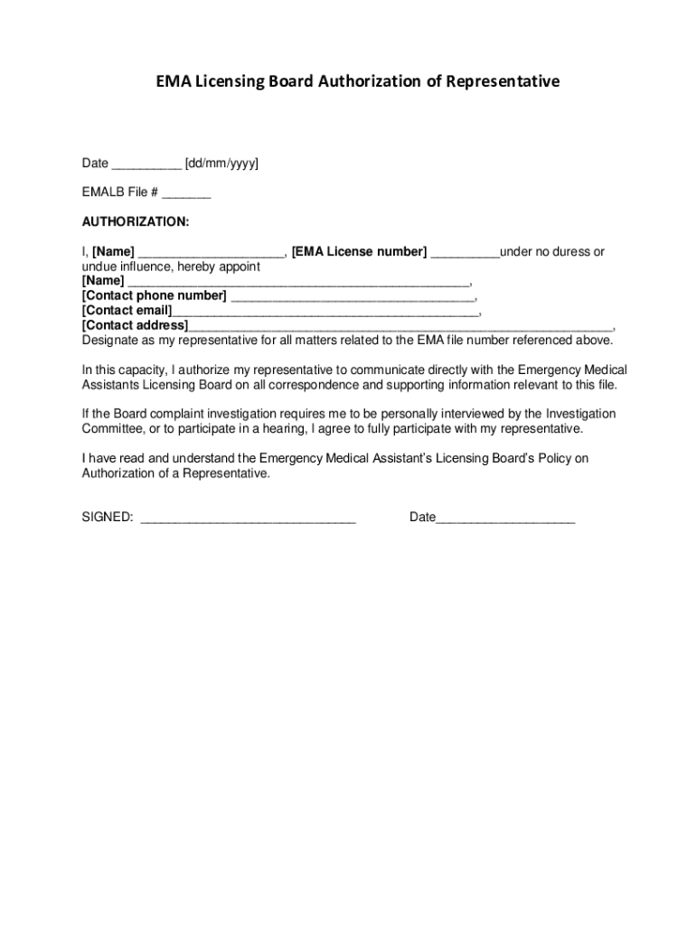 Fillable Online EMA Licensing Board Authorization of Representative Fax ...