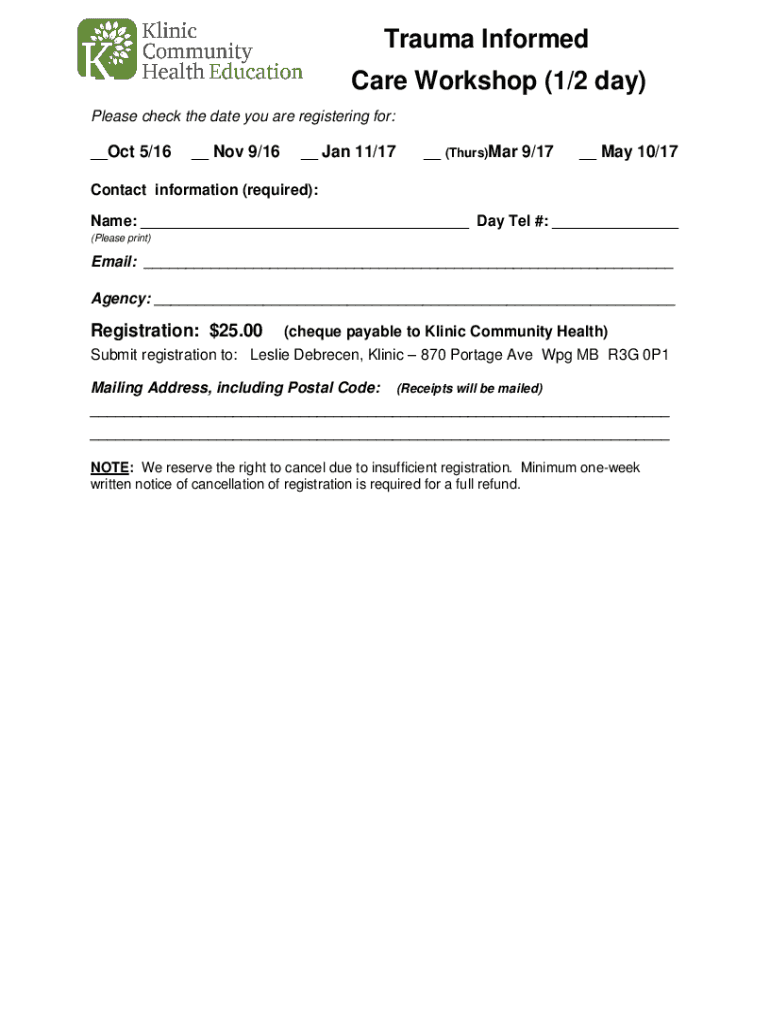 Fillable Online klinic mb Trauma Informed Care Workshop (1/2 day) Fax ...