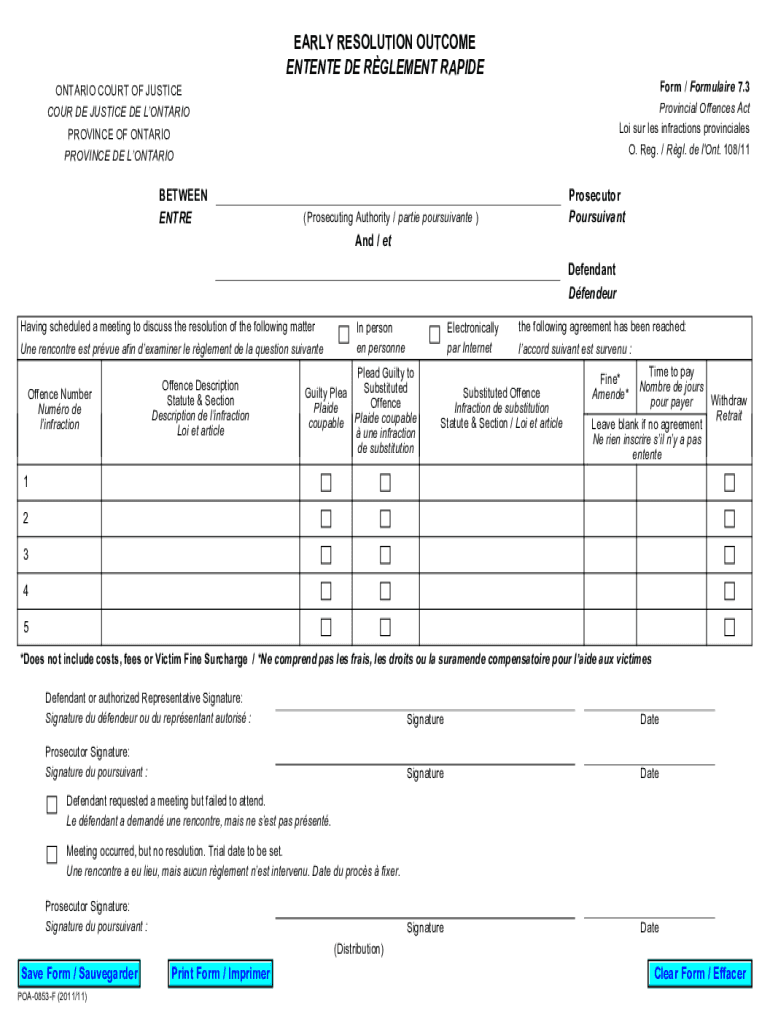 Fillable Online ontariocourtforms on Early Resolution Outcome, Form 7.3 ...