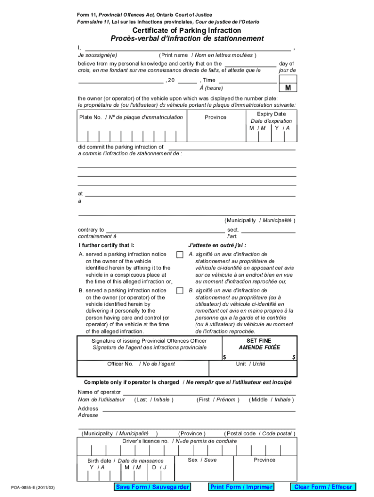 Fillable Online ontariocourtforms on Certificate of Parking Infraction ...