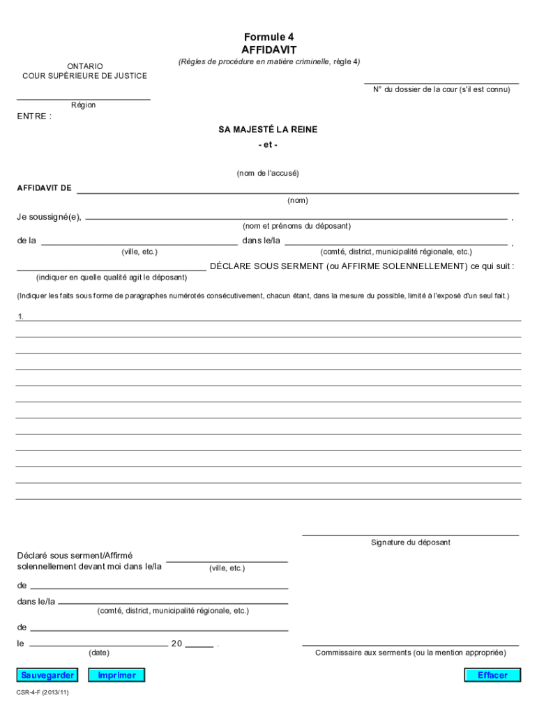 Fillable Online ontariocourtforms on Form 4 -AFFIDAVIT. Form 4 ...