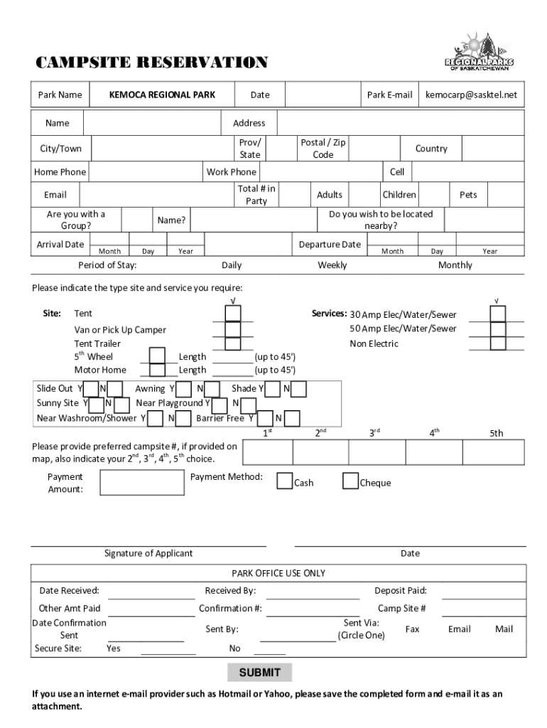 Fillable Online CAMPSITE RESERVATION FORM Park Name ...