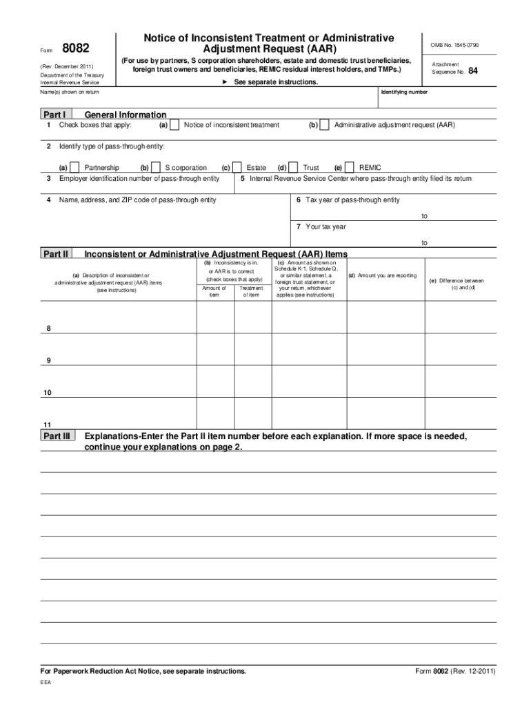 Fillable Online Fillable Form 8082 - Notice Of Inconsistent Treatment ...