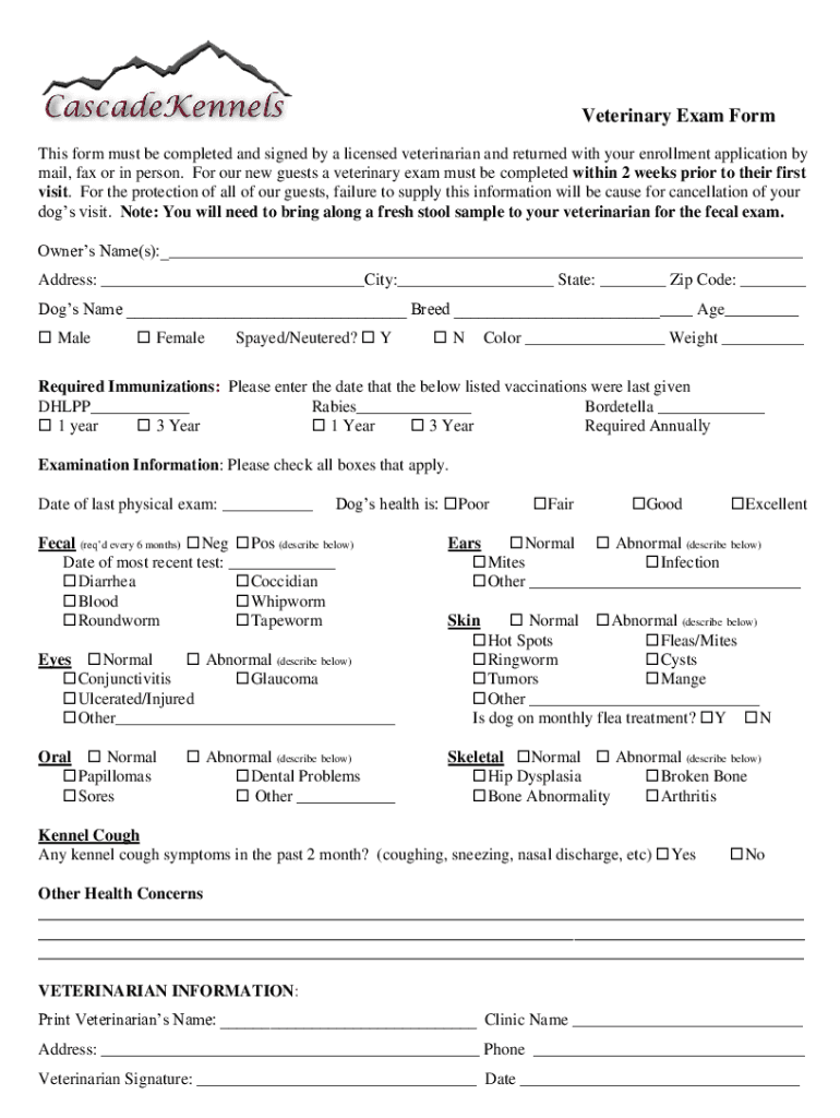 Fillable Online Veterinary Exam Form - Renton & Kirkland Veterinarian ...