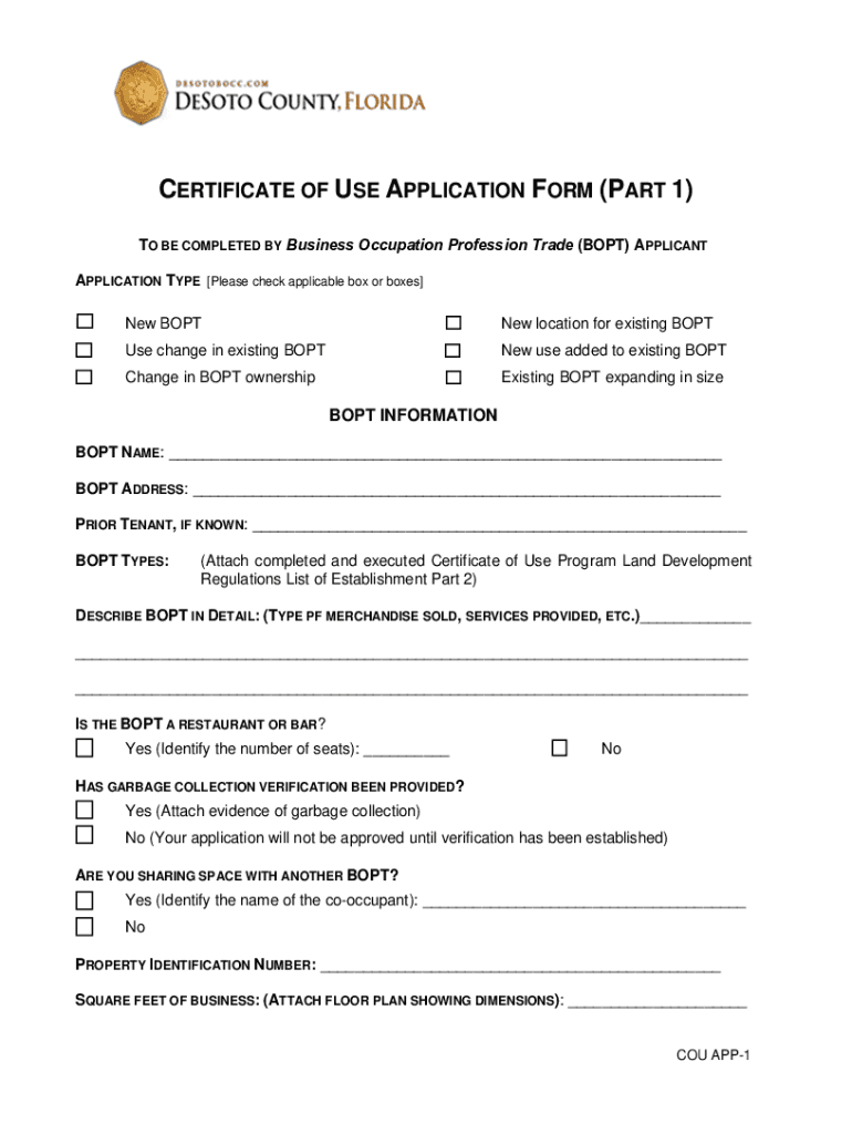 Fillable Online CERTIFICATE OF USE APPLICATION F ART Fax Email Print ...