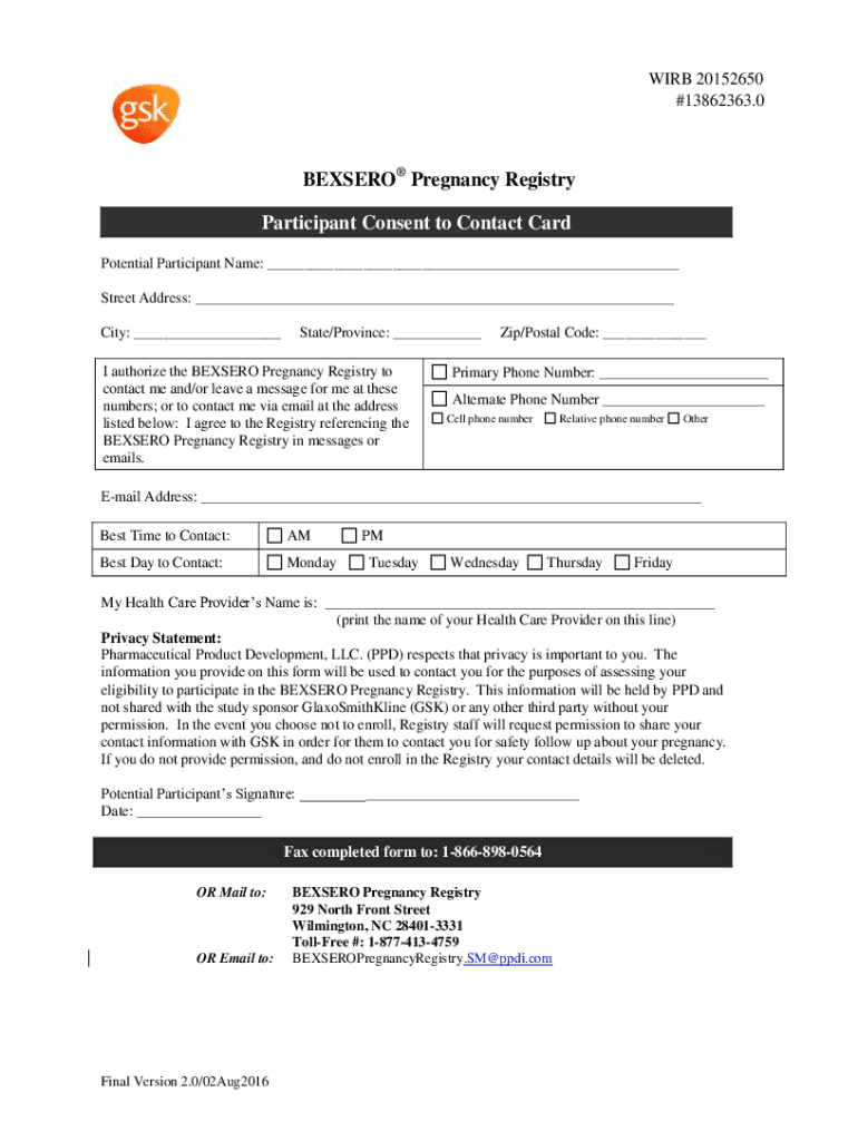 Fillable Online Patient Consent to Contact Card - GSK Fax Email Print ...