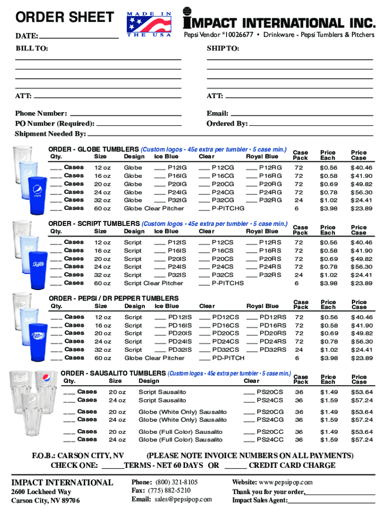 Fillable Online Fillable Online ORDER SHEET - Pepsi Pop Fax Email Print ...