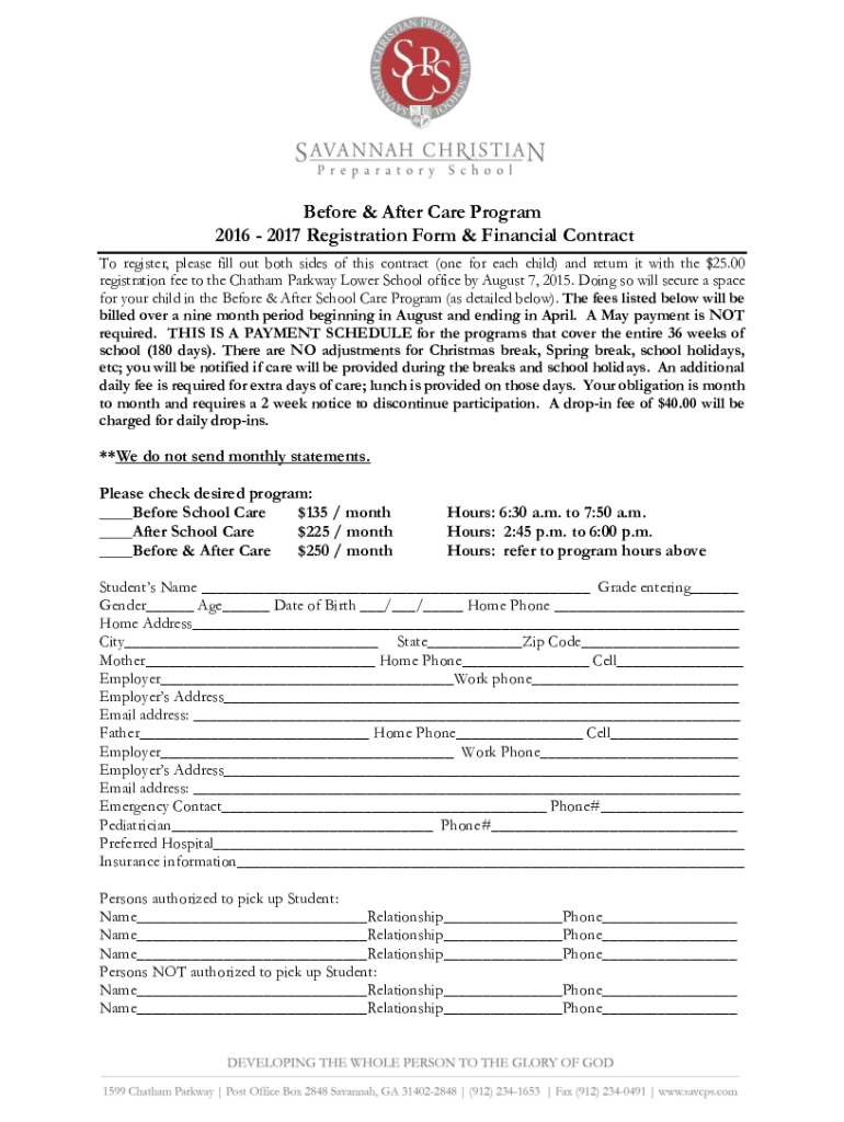 Fillable Online BEFORE AND AFTERCARE PROGRAM REGISTRATION FORM Fax ...