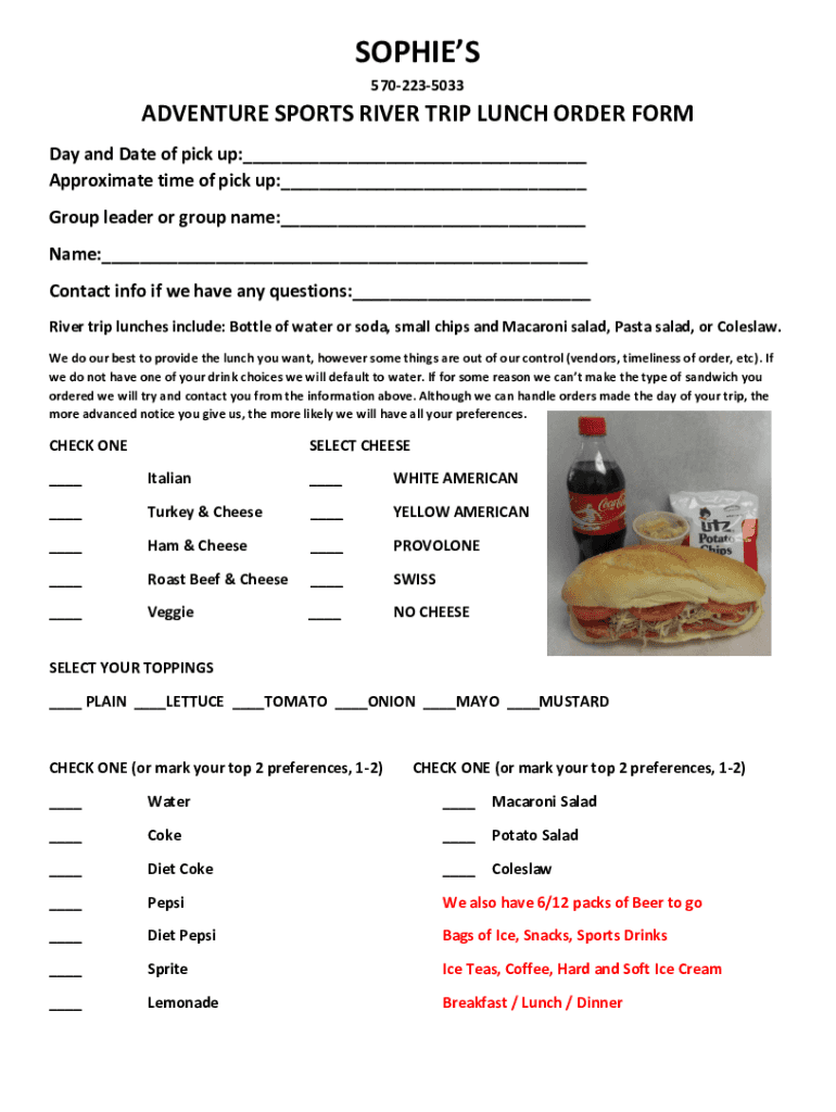 Fillable Online ADVENTURE SPORTS RIVER TRIP LUNCH ORDER FORM Fax Email ...