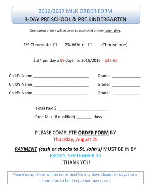 Fillable Online 3-Day Milk Order Form 2016.doc Fax Email Print - pdfFiller
