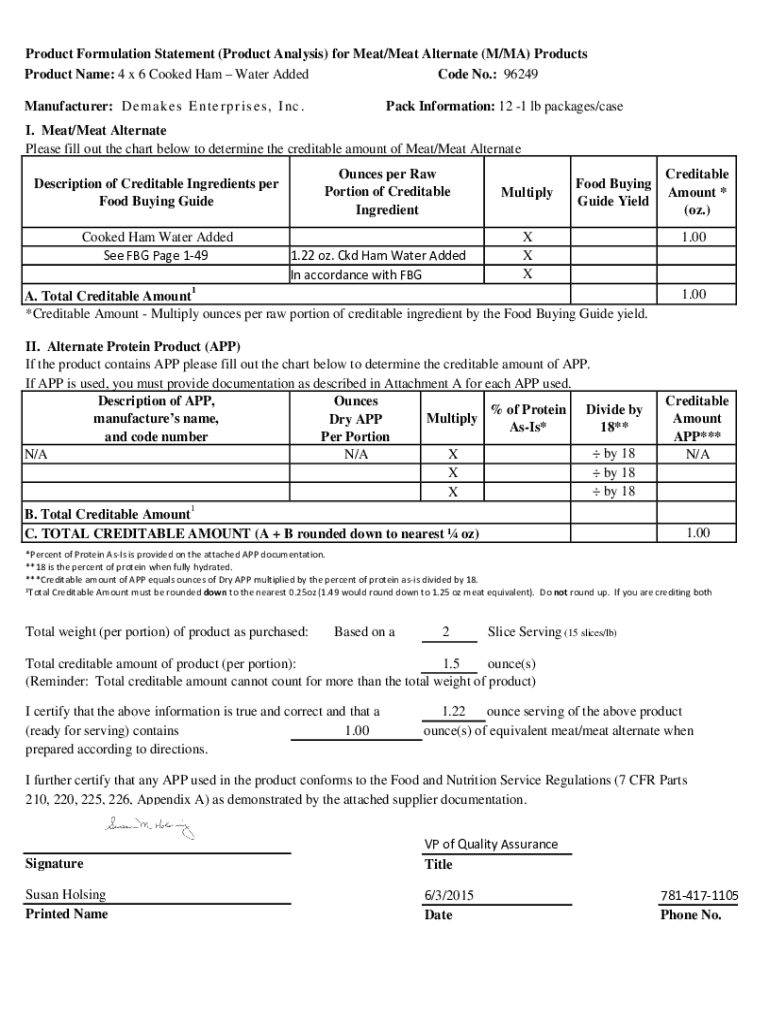 Fillable Online Product Analysis Sheet/Product Formulation Statement ...