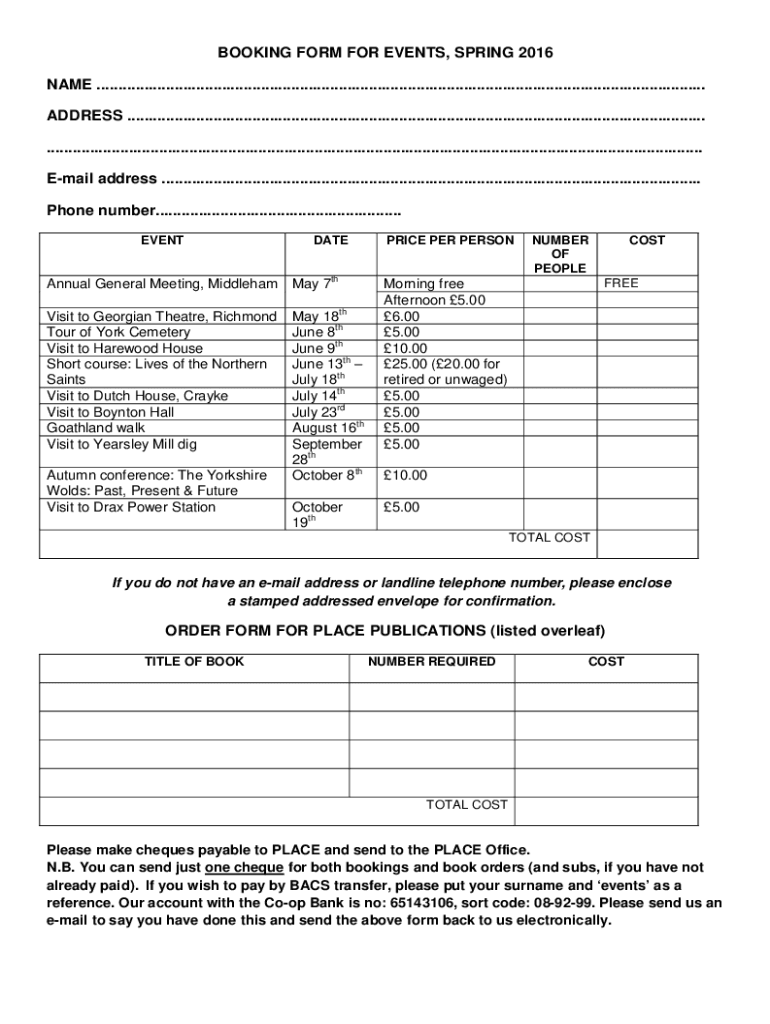 Fillable Online BOOKING FORM FOR EVENTS summer 2016 Fax Email Print ...