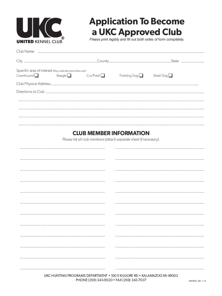 Fillable Online Application To Become a UKC Approved Club Fax Email ...