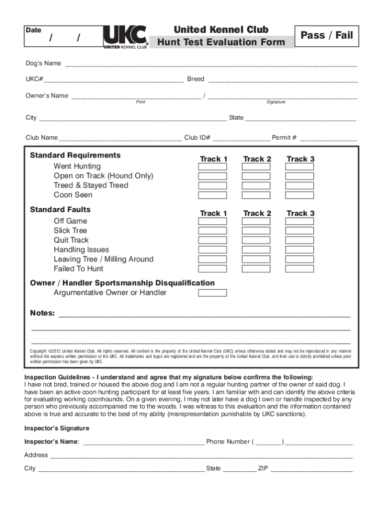 Fillable Online Date United Kennel Club Pass / Fail / / Hunt Test ...