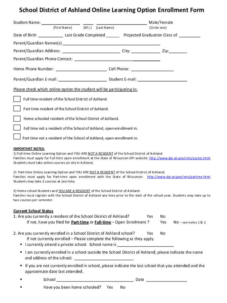 Fillable Online School District of Ashland Online Learning Option ...