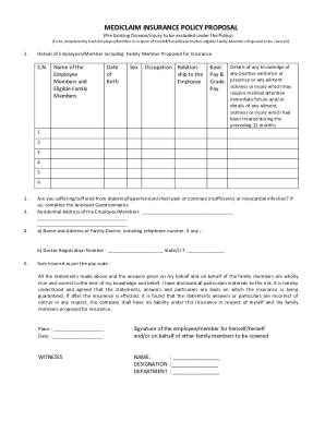 Fillable Online MEDICLAIM INSURANCE POLICY PROPOSAL Fax Email Print ...