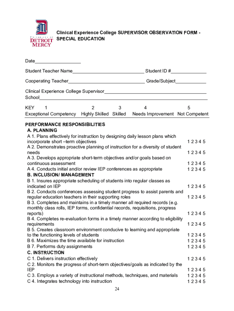 Fillable Online Clinical Experience College SUPERVISOR OBSERVATION FORM ...
