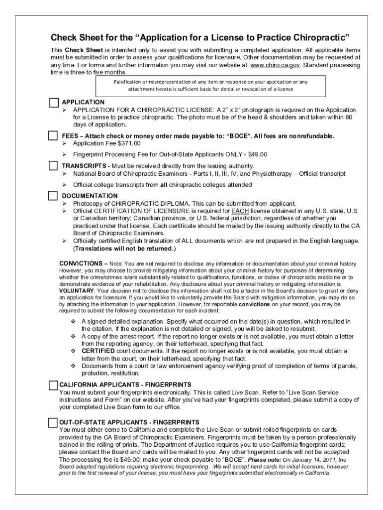 Fillable Online chiro ca Check Sheet for the Application for a License ...