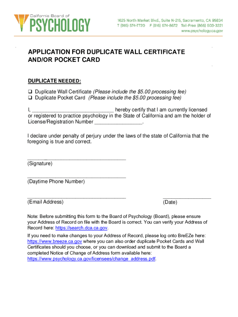 Fillable Online Board of Psychology - Application for Duplicate Wall/Pocket Certificate. Board ...