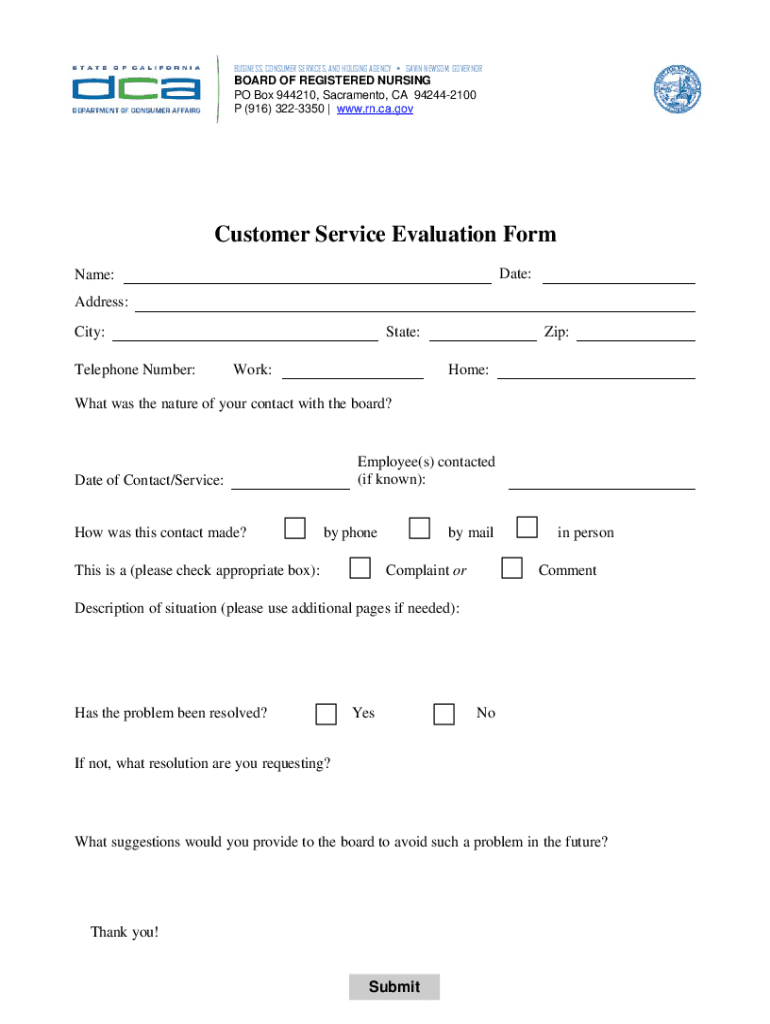 Fillable Online rn ca Customer Service Evaluation Form. Customer ...
