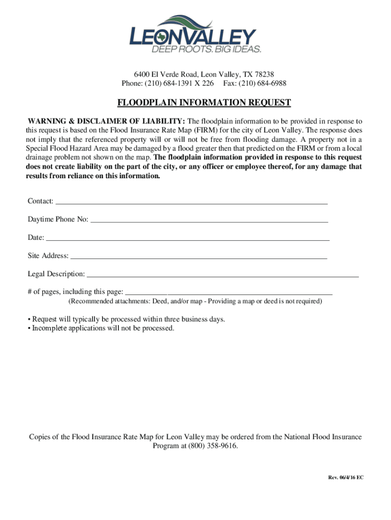 Fillable Online FLOODPLAIN INFORMATION REQUEST - Leon Valley, Texas Fax ...