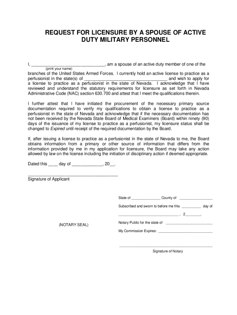 Fillable Online medboard nv REQUEST FOR LICENSURE BY A SPOUSE OF ACTIVE Fax Email Print - pdfFiller