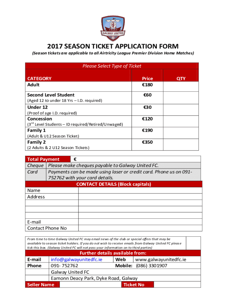 Fillable Online 2017 SEASON TICKET APPLICATION FORM Fax Email Print ...