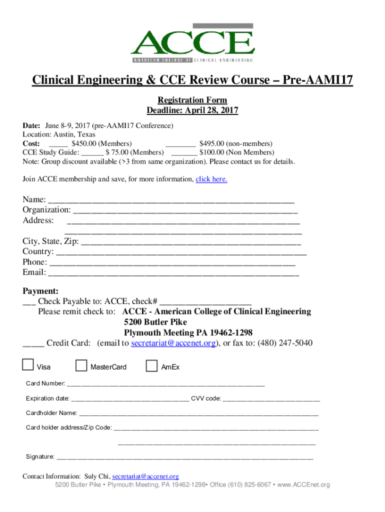 Fillable Online Clinical Engineering & CCE Review Course Pre-AAMI17 Fax ...