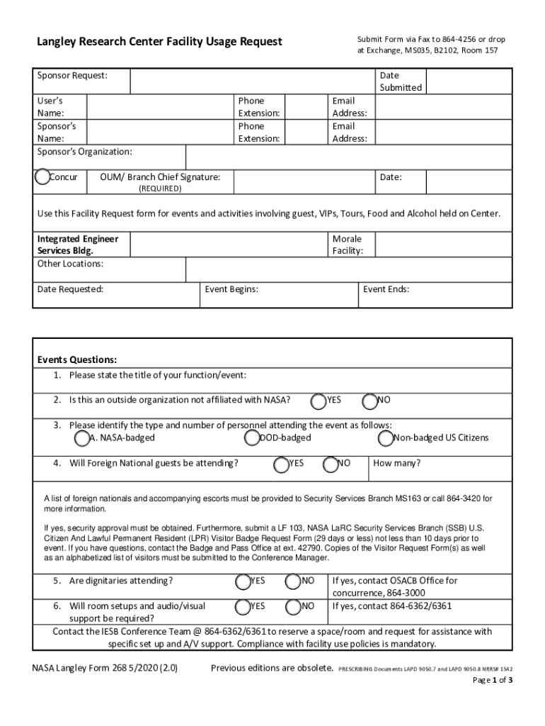 Fillable Online larc-exchange larc nasa FORM LF268 (Langley Research ...