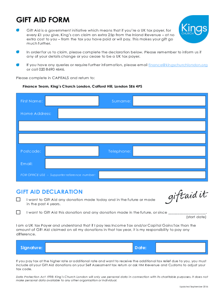 Fillable Online 1609 King's Gift Aid Declaration Form.docx Fax Email ...
