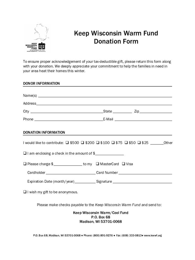 Fillable Online Keep Wisconsin Warm Fund Donation Form Fax Email Print - pdfFiller