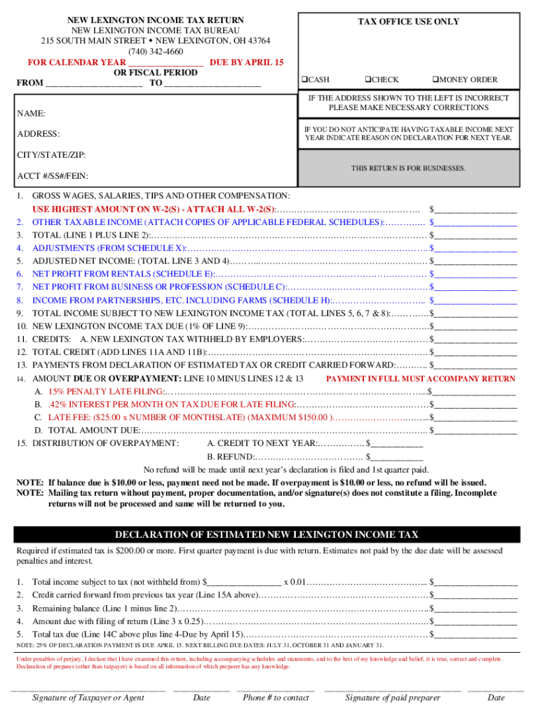Fillable Online PDF NEW LEXINGTON INCOME TAX RETURN - Village of New ...