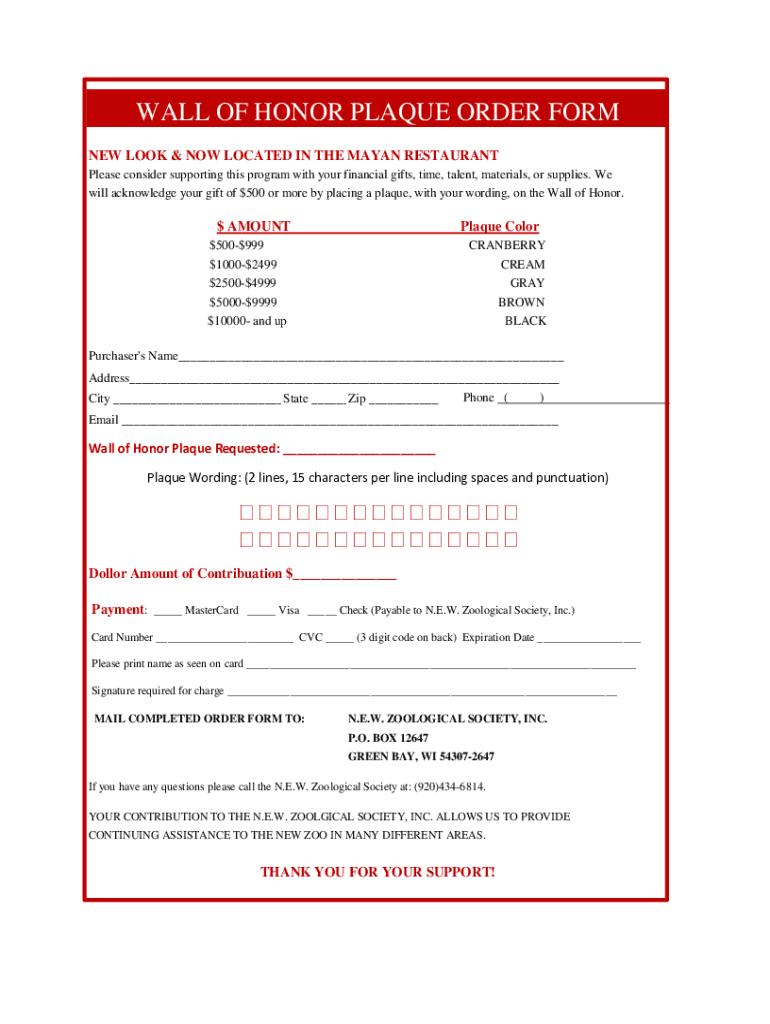 Fillable Online WALL OF HONOR PLAQUE ORDER FORM Fax Email Print - pdfFiller