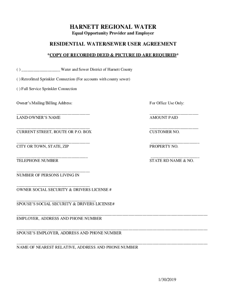 Fillable Online RESIDENTIAL WATER/SEWER USER AGREEMENT Fax Email Print ...