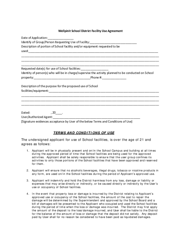 Fillable Online Wellpinit School District Facility Use Agreement Fax ...