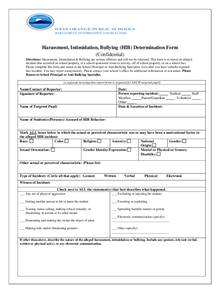 Fillable Online Harassment, Intimidation, Bullying (HIB) Determination ...