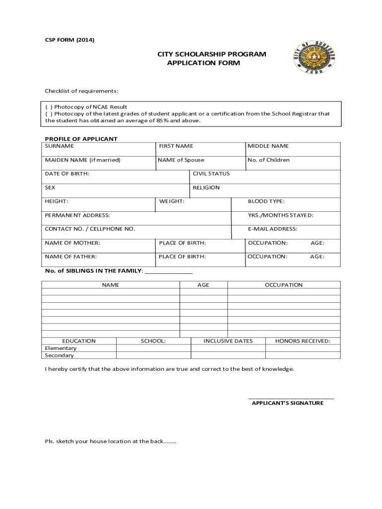 Fillable Online CITY SCHOLARSHIP PROGRAM APPLICATION FORM Fax Email Print - pdfFiller