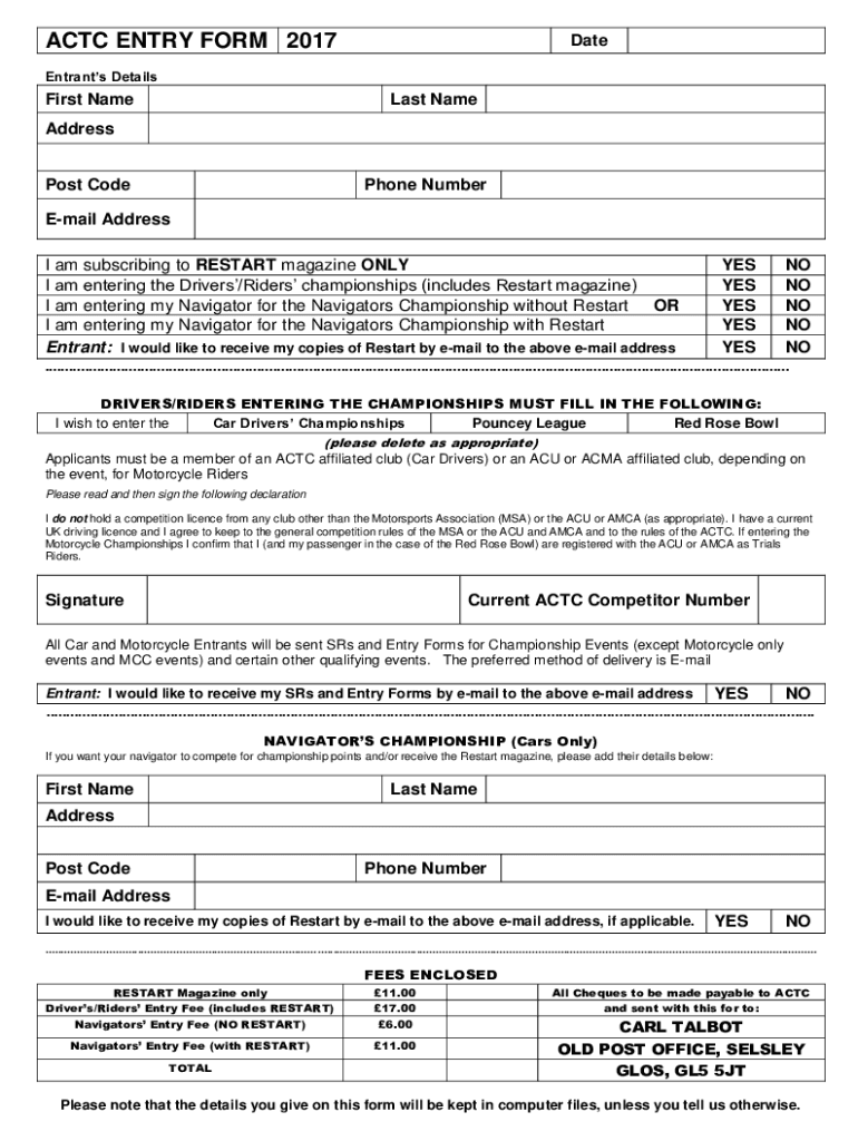 Fillable Online Fillable Online ACTC ENTRY FORM 2019 Fax Email Print - PDFfiller Fax Email Print