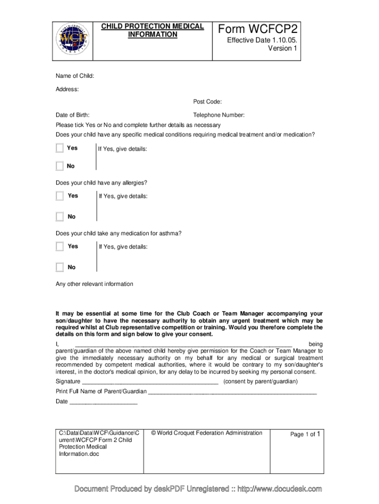 Fillable Online worldcroquet org WCFCP Form 2 Child Protection Medical ...
