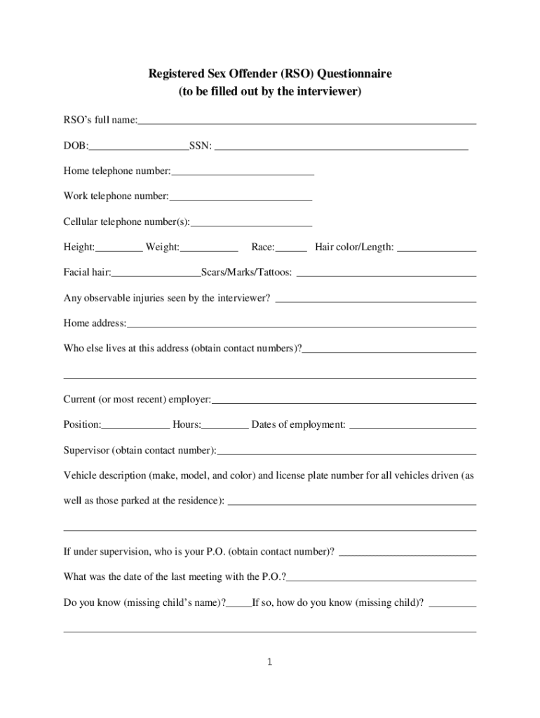 Fillable Online Registered Sex Offender Rso Questionnaire To Be Filled Out Fax Email
