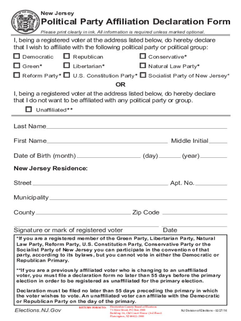 Fillable Online co hunterdon nj Political Party Affiliation Declaration Form - New Jersey Fax ...