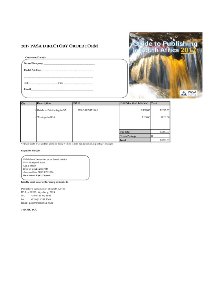 Fillable Online publishsa co 2017 PASA DIRECTORY ORDER FORM Fax Email ...