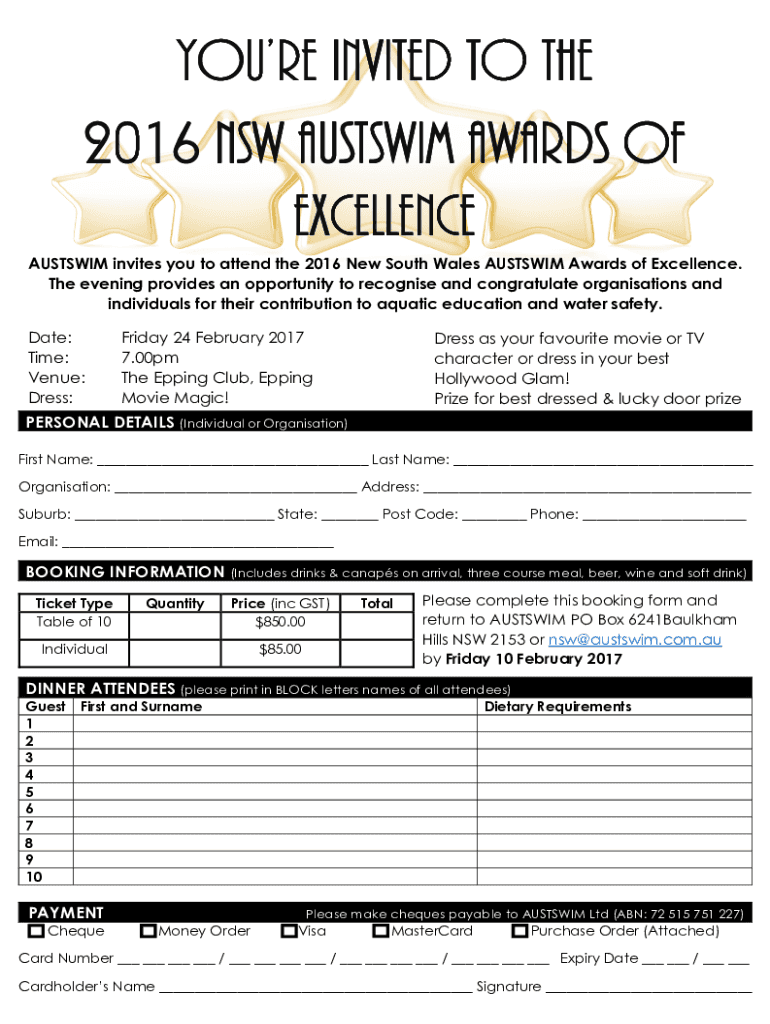 Fillable Online NSW AUSTSWIM awards honour Swim instructor and leading ...