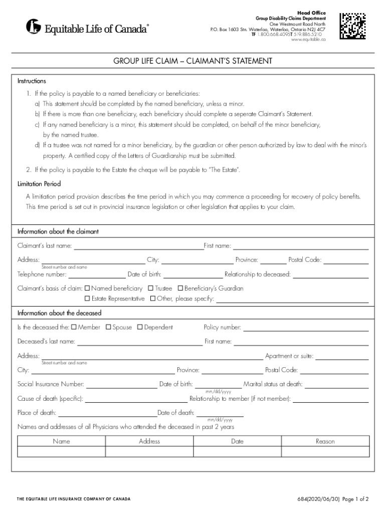 Fillable Online cdn equitable GROUP LIFE CLAIMCLAIMANTS STATEMENT Fax ...