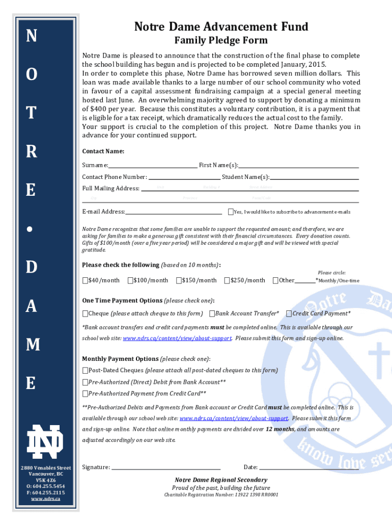 Fillable Online Family Pledge Form - Notre Dame Regional Secondary Fax ...